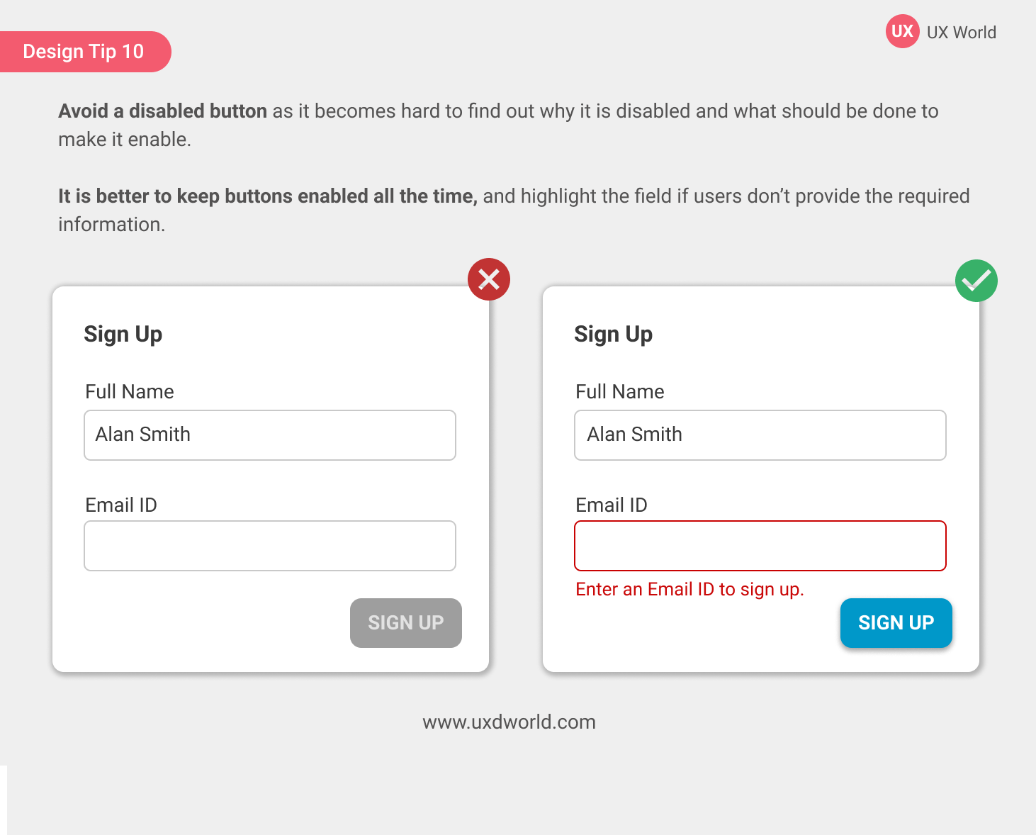 Design Tip #10 - Don't Use Disabled Buttons - UX Design World